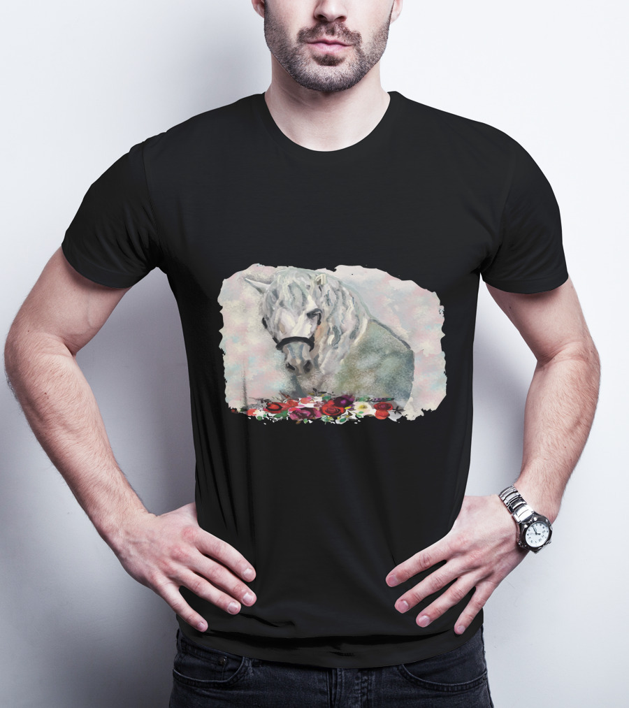 Watercolor White Horse With Floral Accents T-Shirt