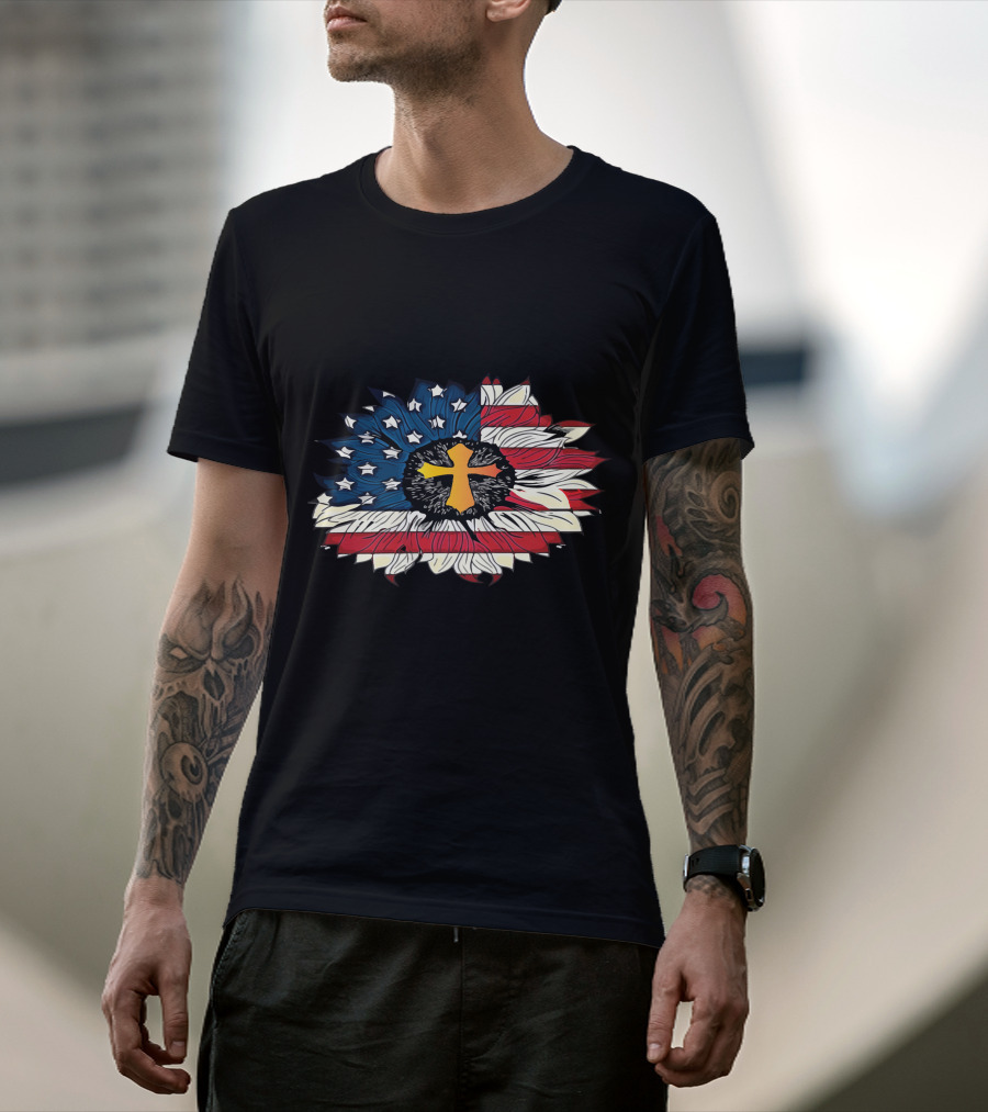 American Flag Cross Floral Design Sunflower Center T-Shirt