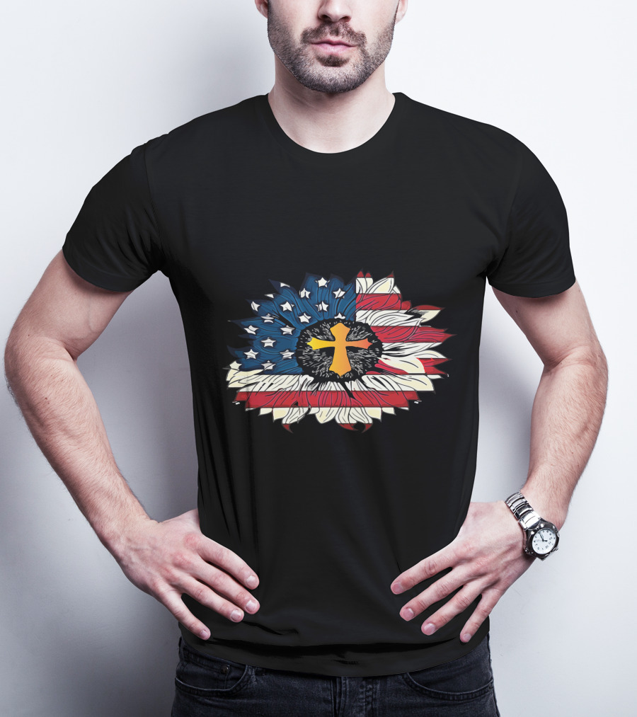 American Flag Cross Floral Design Sunflower Center T-Shirt