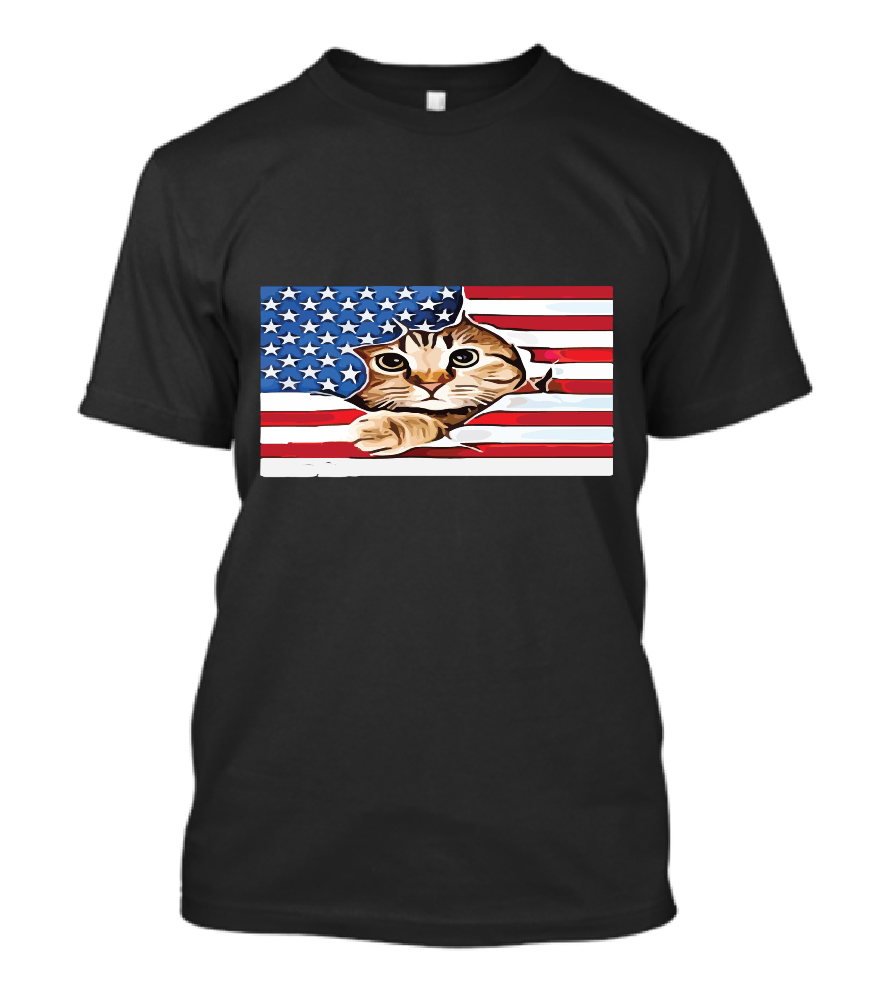 Cat Peeking Through American Flag T-Shirt
