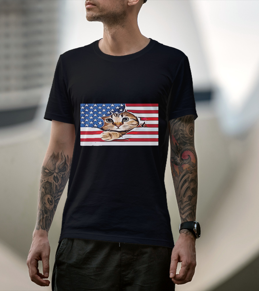 Cat Peeking Through American Flag T-Shirt