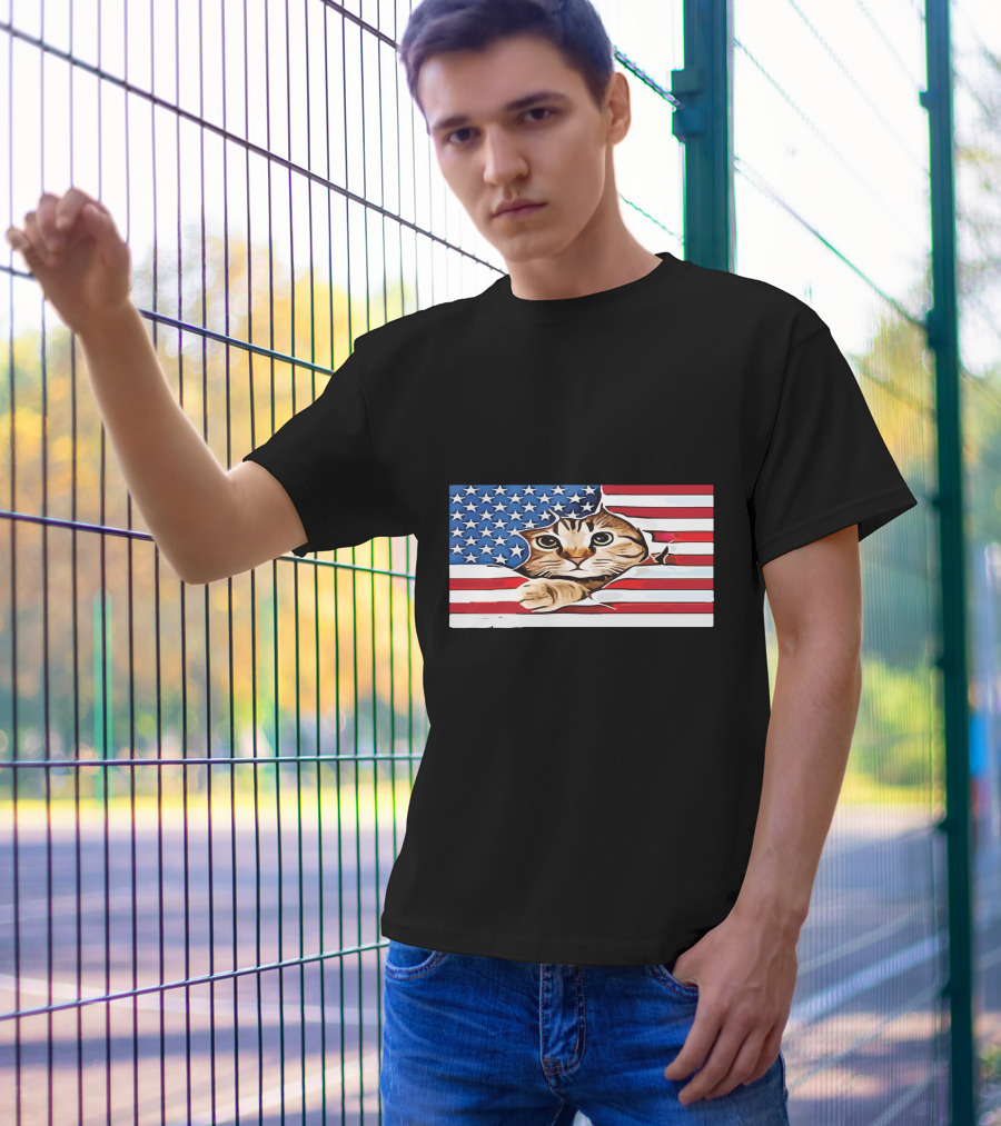 Cat Peeking Through American Flag T-Shirt