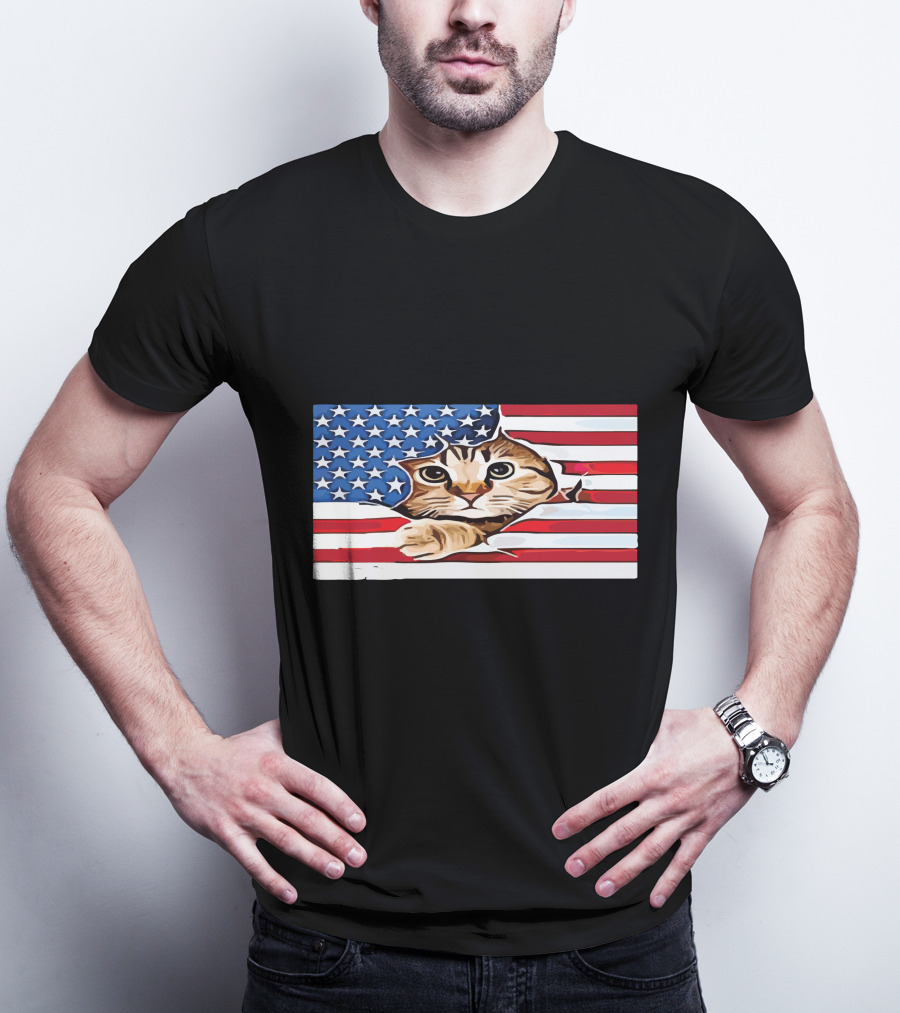 Cat Peeking Through American Flag T-Shirt