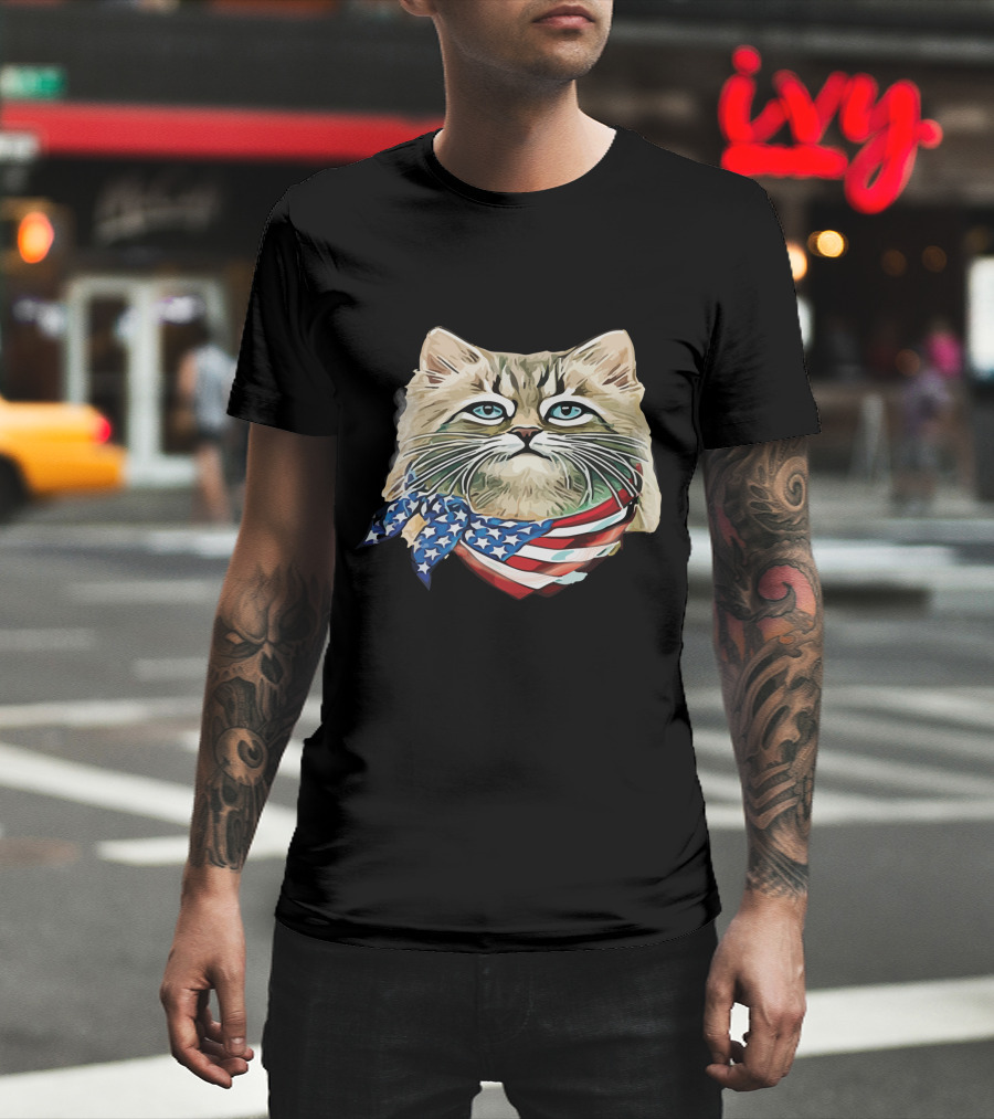 Fluffy Cat Wearing Stars And Stripes Flag Bandana T-Shirt