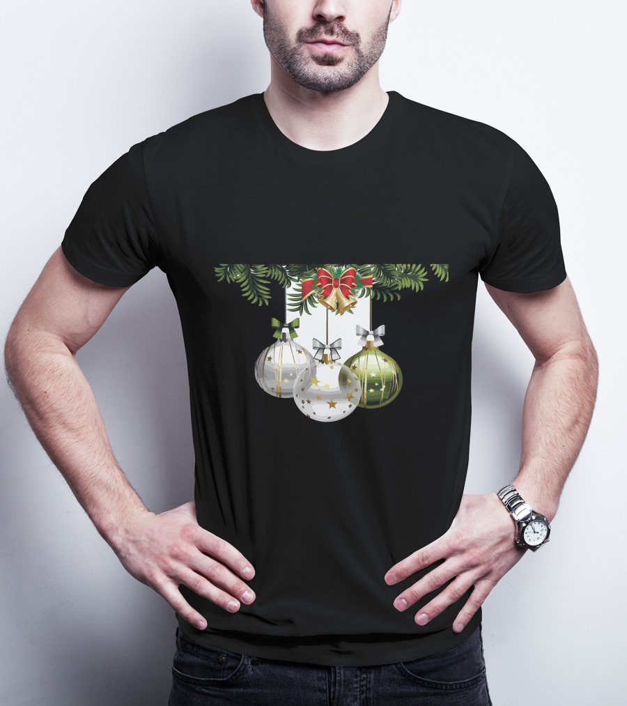 Holiday Christmas Balls Evergreen Branches Ribbons T-Shirt