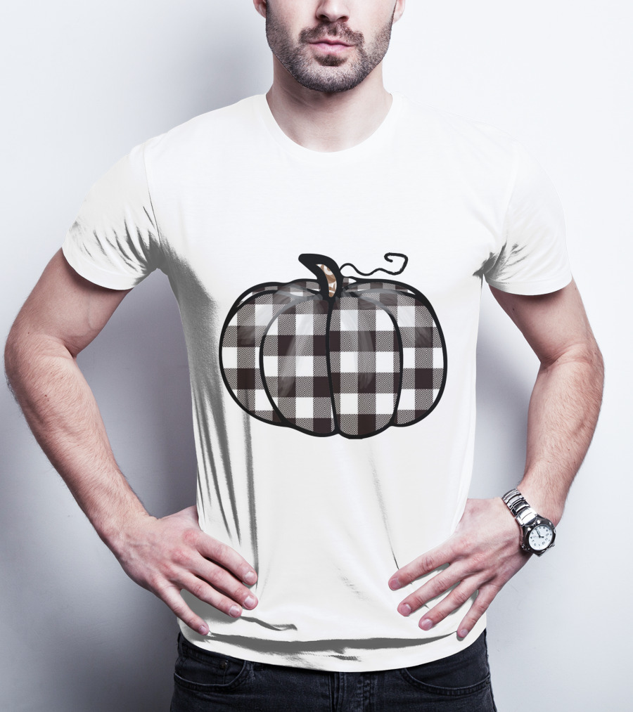 Buffalo Plaid Checkered Pumpkin White T-Shirt
