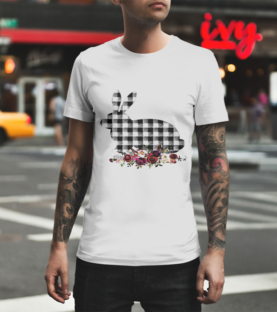 Bunny Black White Plaid Floral Roses T-Shirt