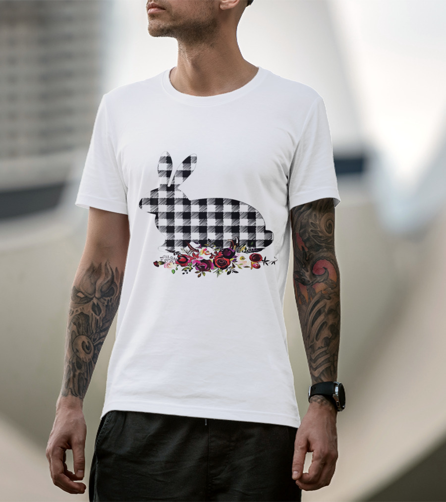 Bunny Black White Plaid Floral Roses T-Shirt