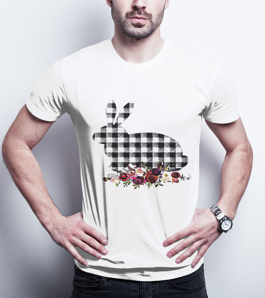 Bunny Black White Plaid Floral Roses T-Shirt