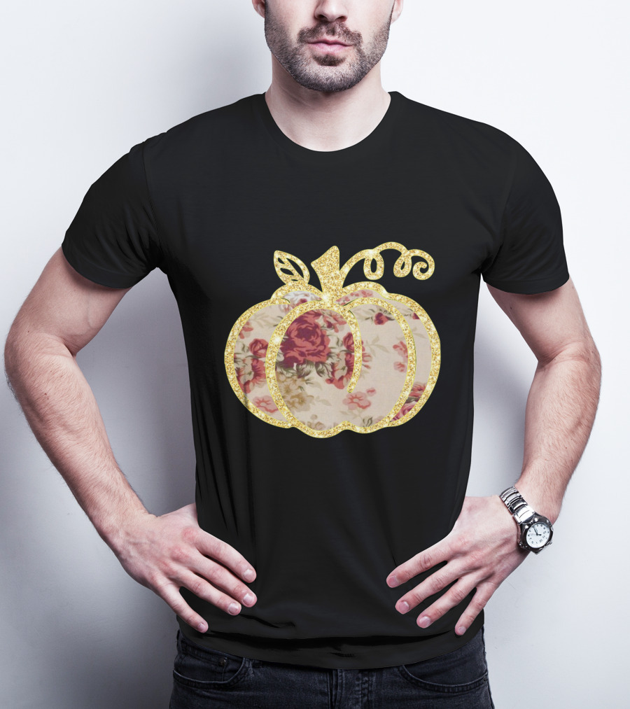 Glitter Floral Pumpkin Gold Trim T-Shirt