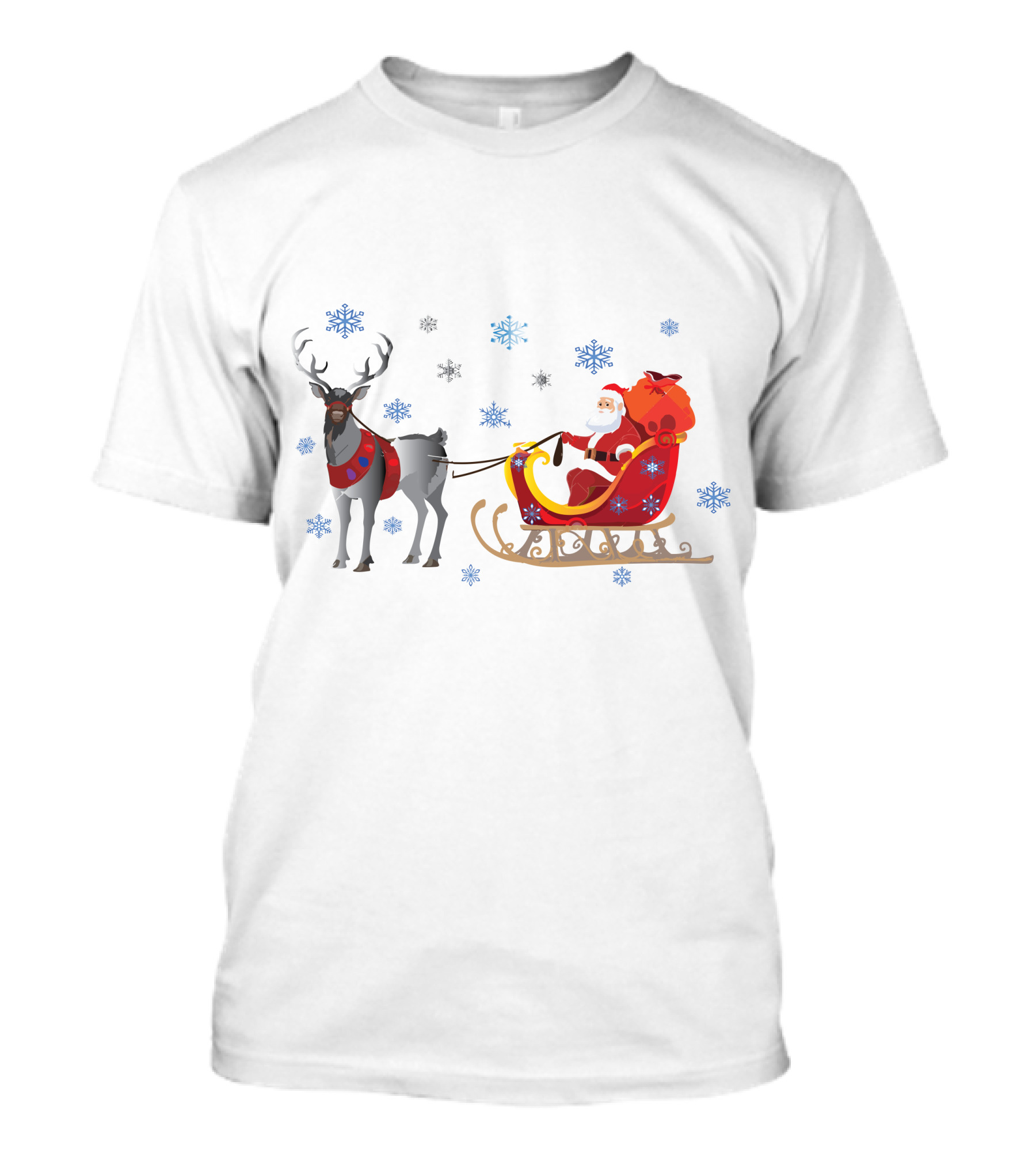 Christmas Santa With Reindeer And Sleigh Surrounded By Snowflakes T-Shirt