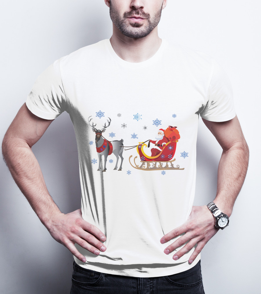 Christmas Santa With Reindeer And Sleigh Surrounded By Snowflakes T-Shirt