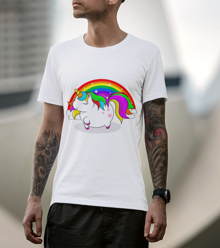 Cute Fat Unicorn With Rainbow Mane And Stars T-Shirt