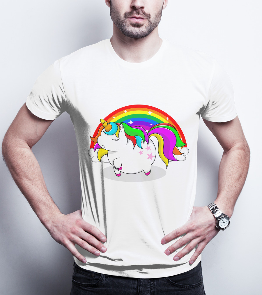 Cute Fat Unicorn With Rainbow Mane And Stars T-Shirt