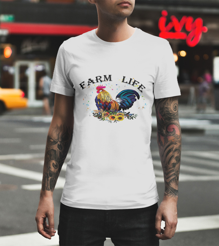 Farm Life Colorful Rooster Floral T-Shirt