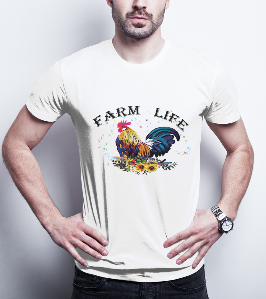 Farm Life Colorful Rooster Floral T-Shirt