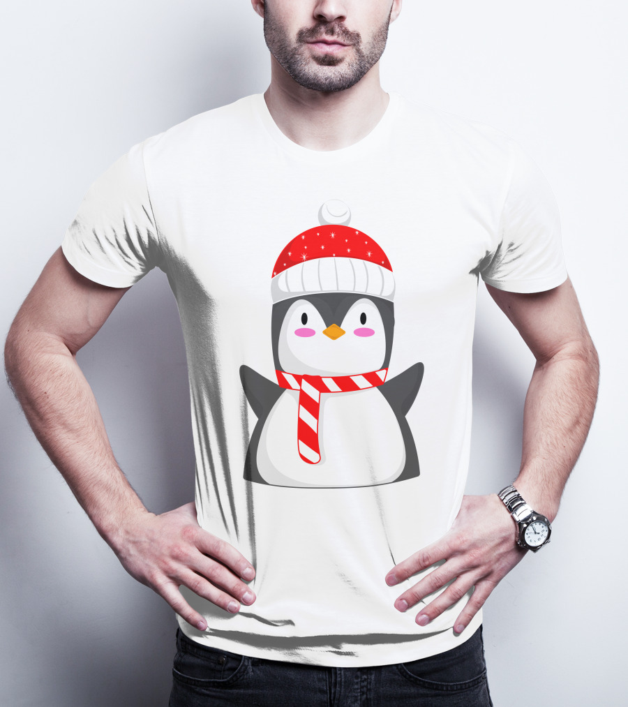 Pinguine Wearing Red Hat And Scarf Resembling A Snowman T-Shirt