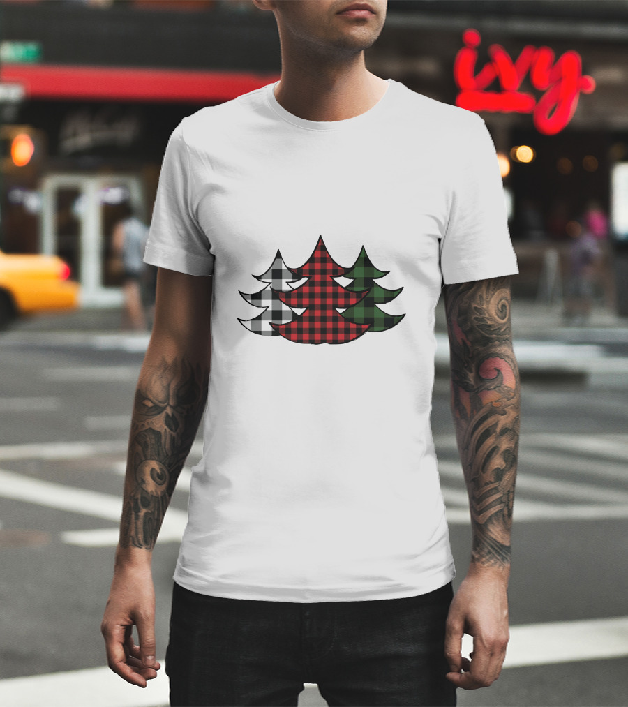 Plaid Christmas Tree Red Green Black White Xmas T-Shirt