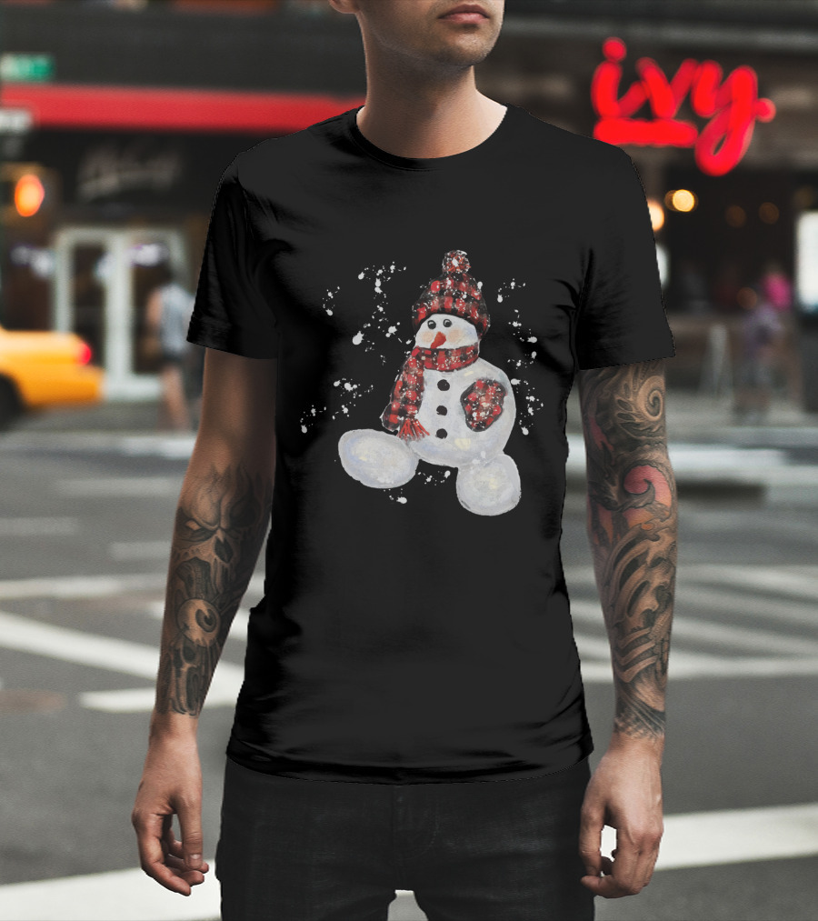 Watercolor Snowman Buffalo Plaid Hat And Scarf With Snowflakes T-Shirt