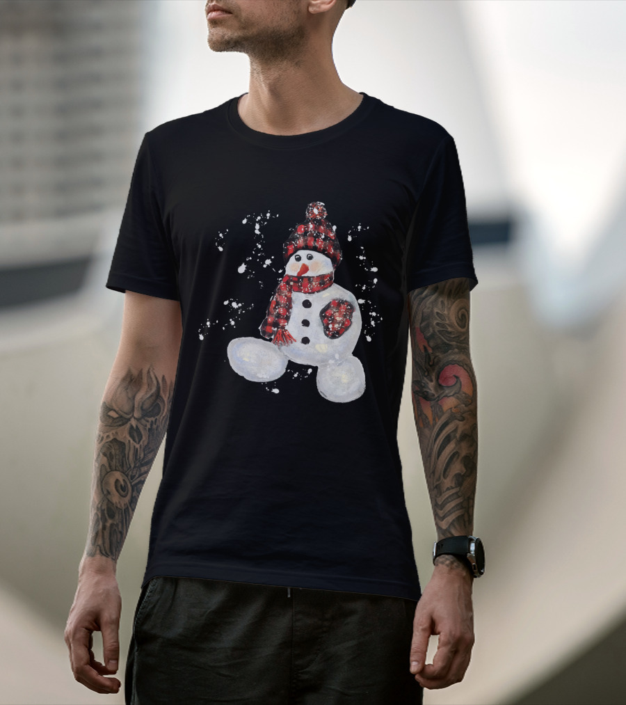 Watercolor Snowman Buffalo Plaid Hat And Scarf With Snowflakes T-Shirt