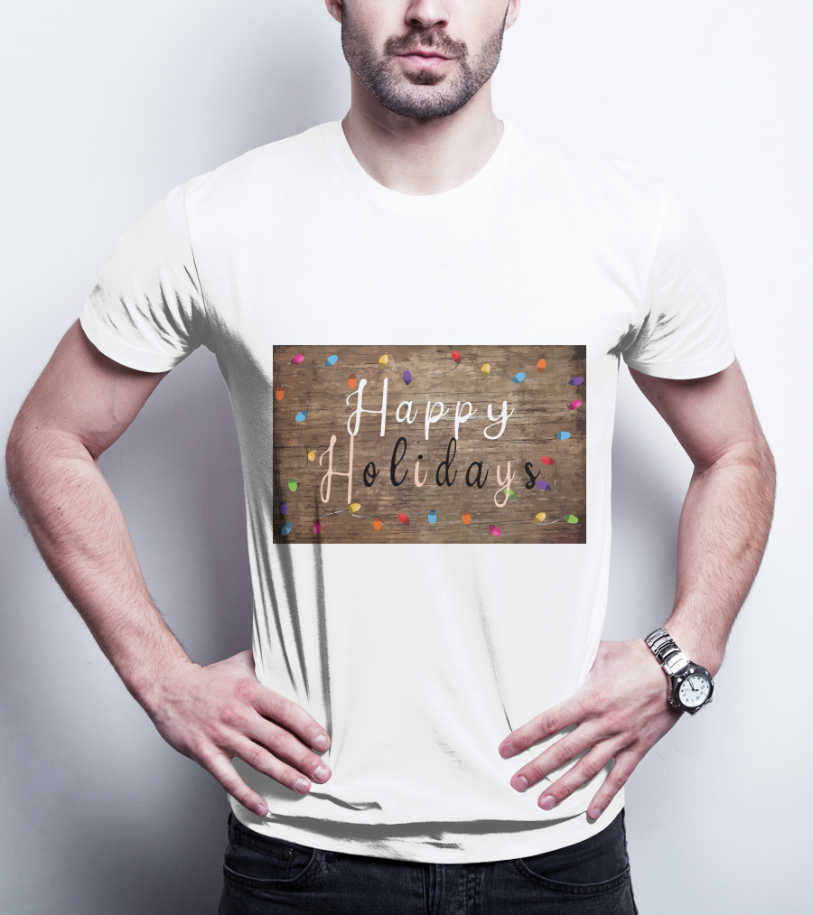 Happy Holidays Christmas Light Rustic Wood Background With Colorful Bulbs T-Shirt