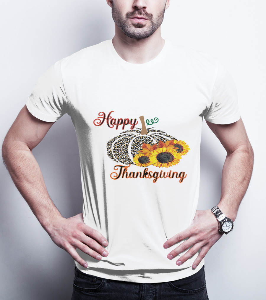 Happy Thanksgiving Leopard Print Pumpkin Sunflowers T-Shirt