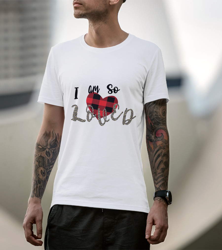 I Am So Loved Valentines Day Buffalo Plaid Heart Leopard Print T-Shirt
