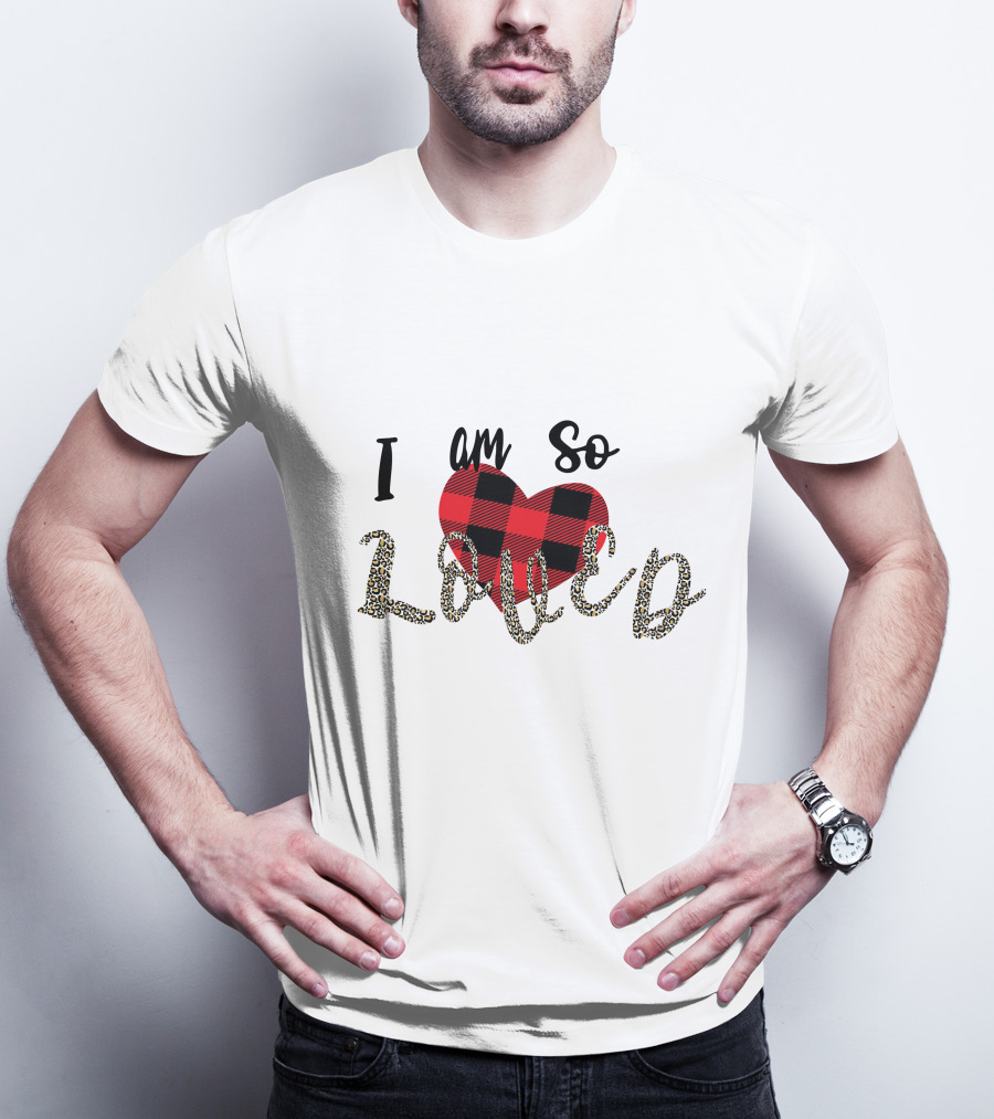 I Am So Loved Valentines Day Buffalo Plaid Heart Leopard Print T-Shirt