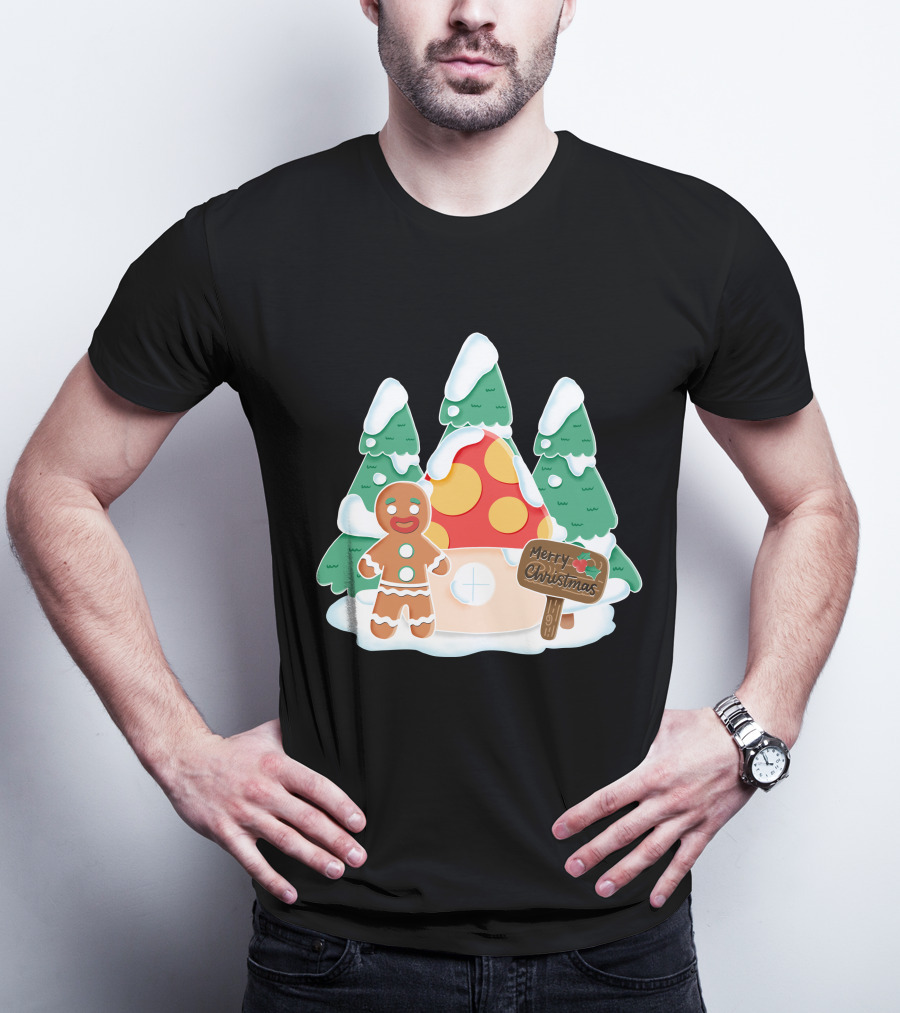Merry Christmas Gingerman House With Snowy Trees And Mushroom Roof T-Shirt