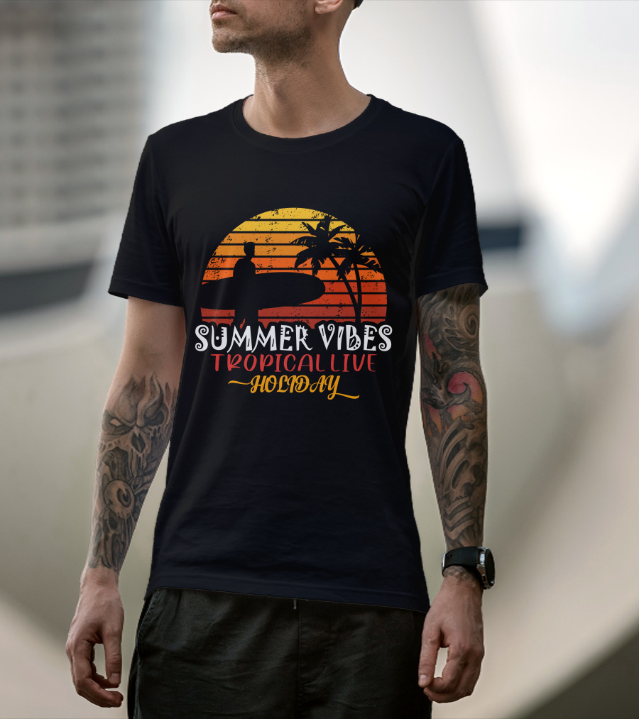 Summer Vibes Tropical Live Holiday Surfer Sunset Palms T-Shirt