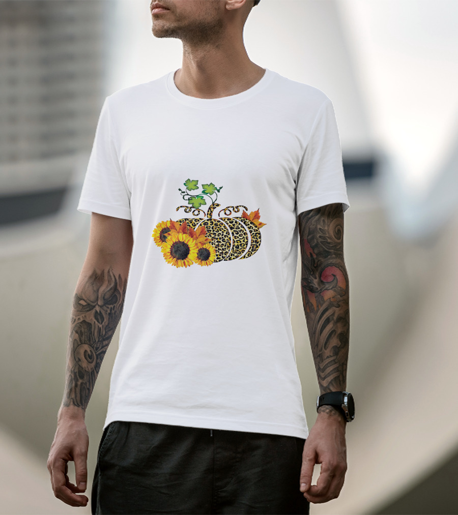 Thanksgiving Leopard Pumpkin Sunflowers And Leaves T-Shirt