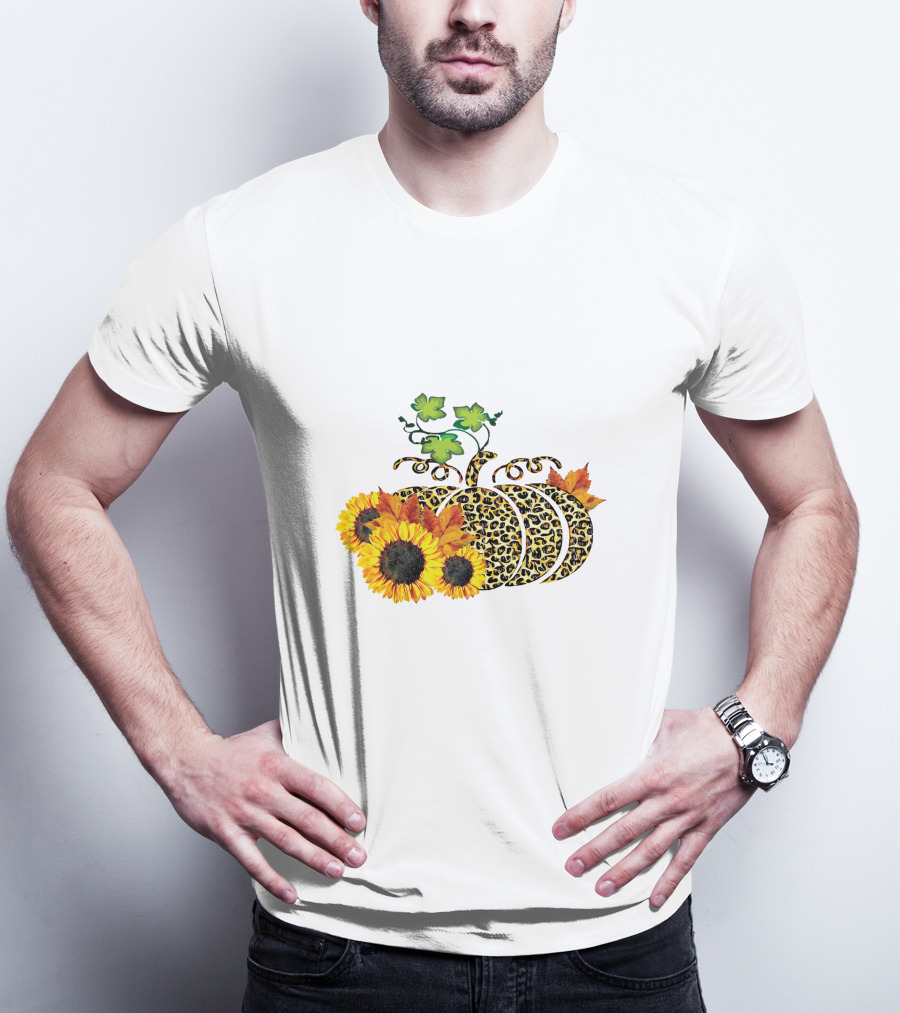 Thanksgiving Leopard Pumpkin Sunflowers And Leaves T-Shirt