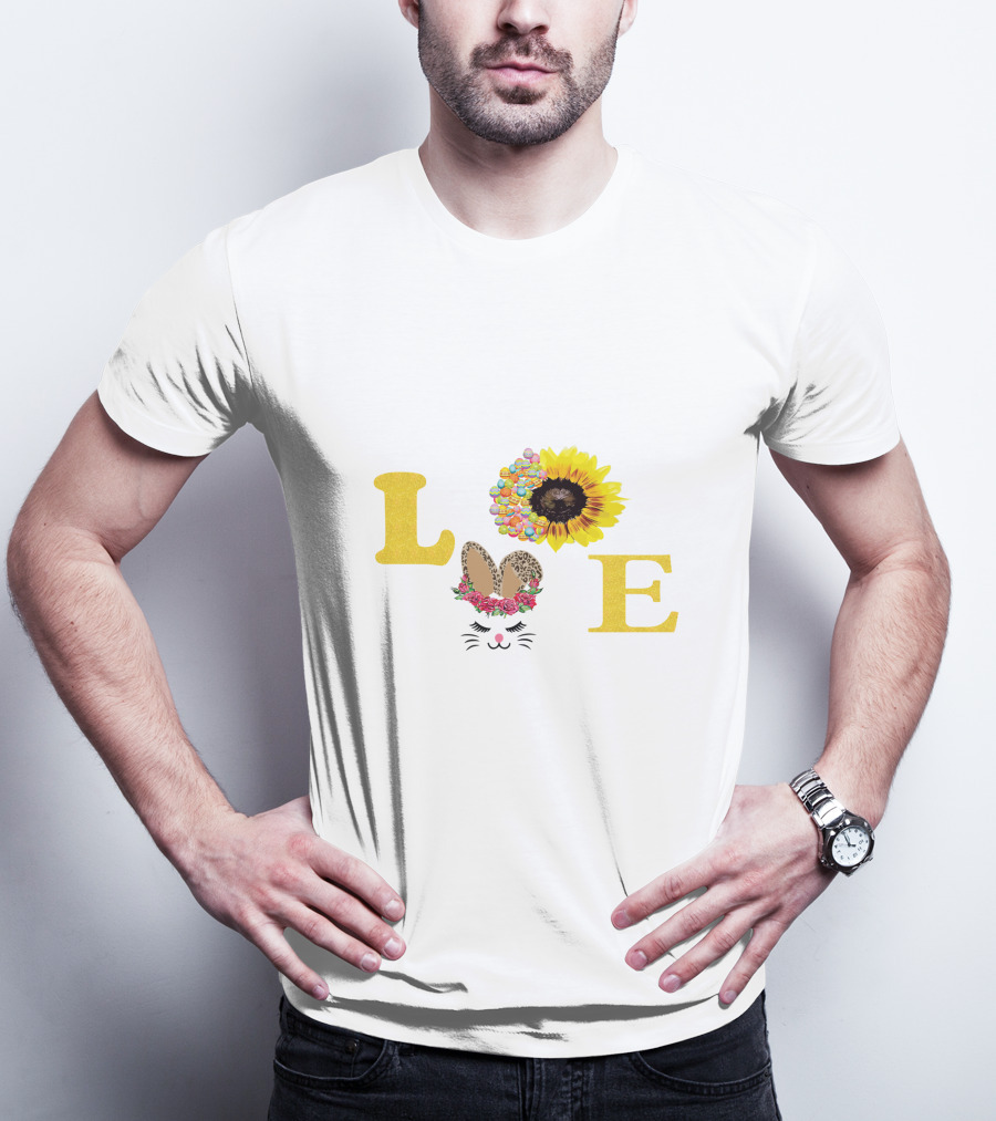 Love Sunflower Bunny With Floral Ears And Cheetah Print Bow T-Shirt