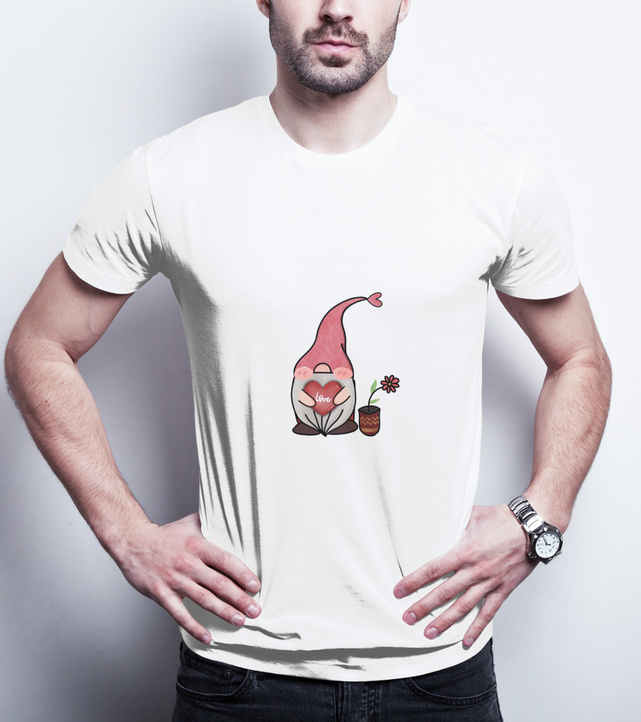 Love Heart Gnome With Flower Pot T-Shirt