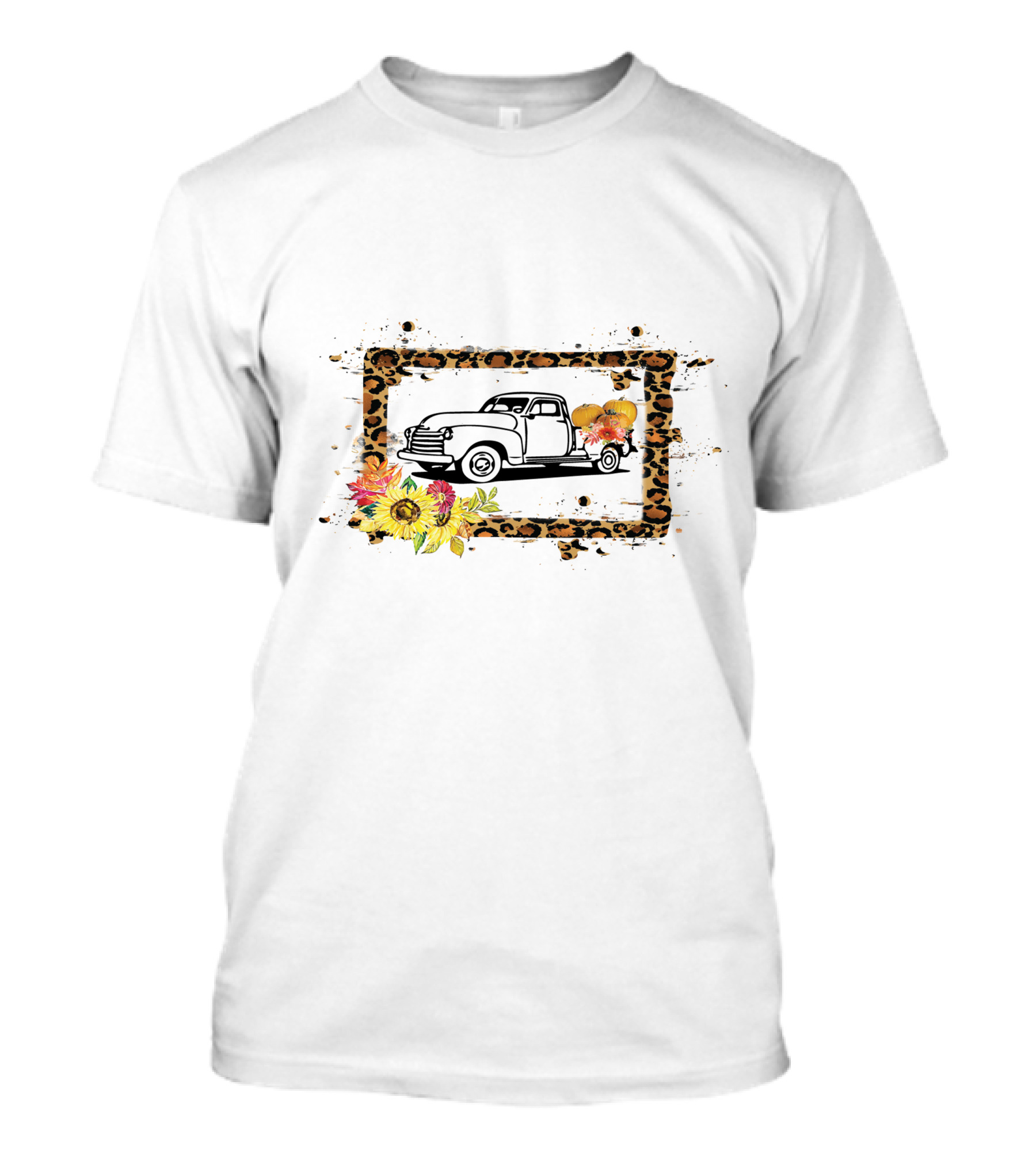 Truck With Pumpkins And Leopard Print Frame With Sunflowers T-Shirt