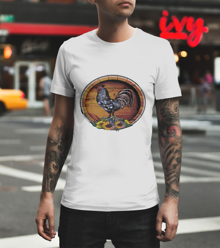 USA Rooster On Wine Barrel With Sunflowers T-Shirt