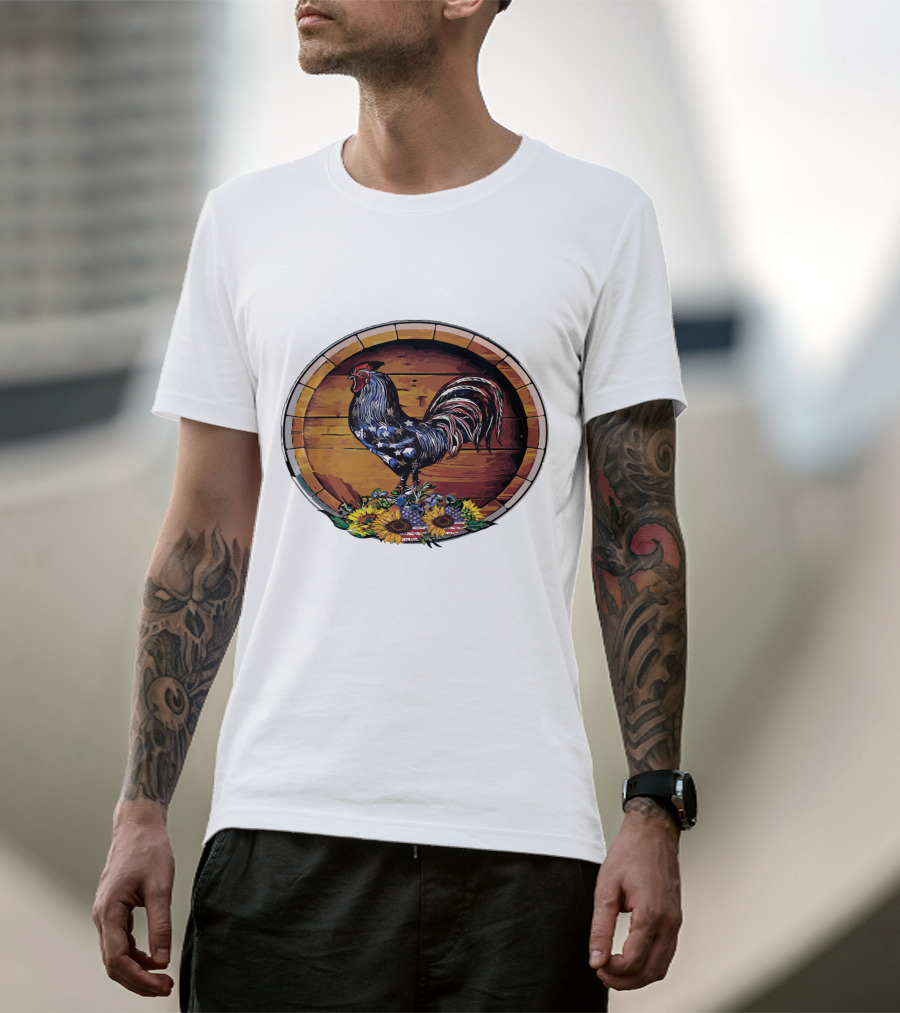 USA Rooster On Wine Barrel With Sunflowers T-Shirt