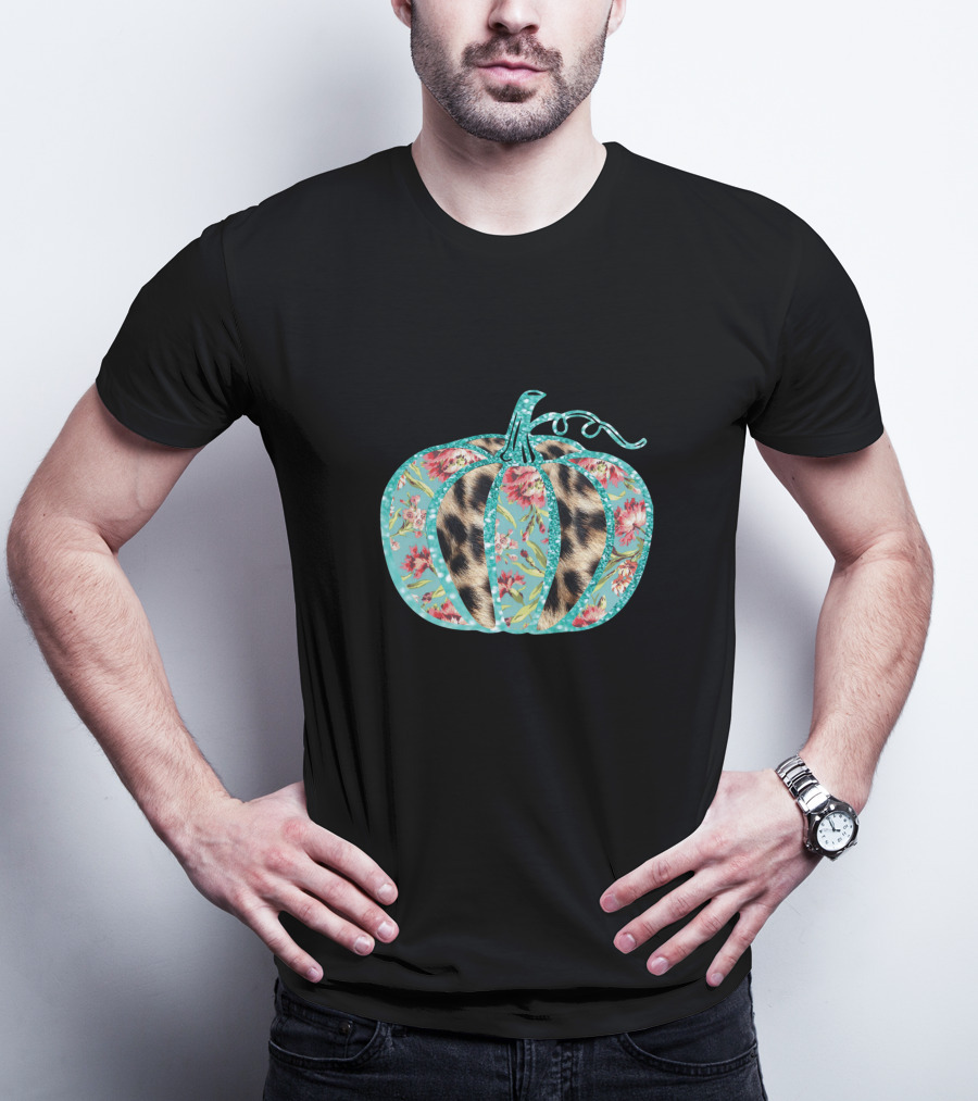 Turquoise Floral Leopard Pumpkin Thanksgiving T-Shirt