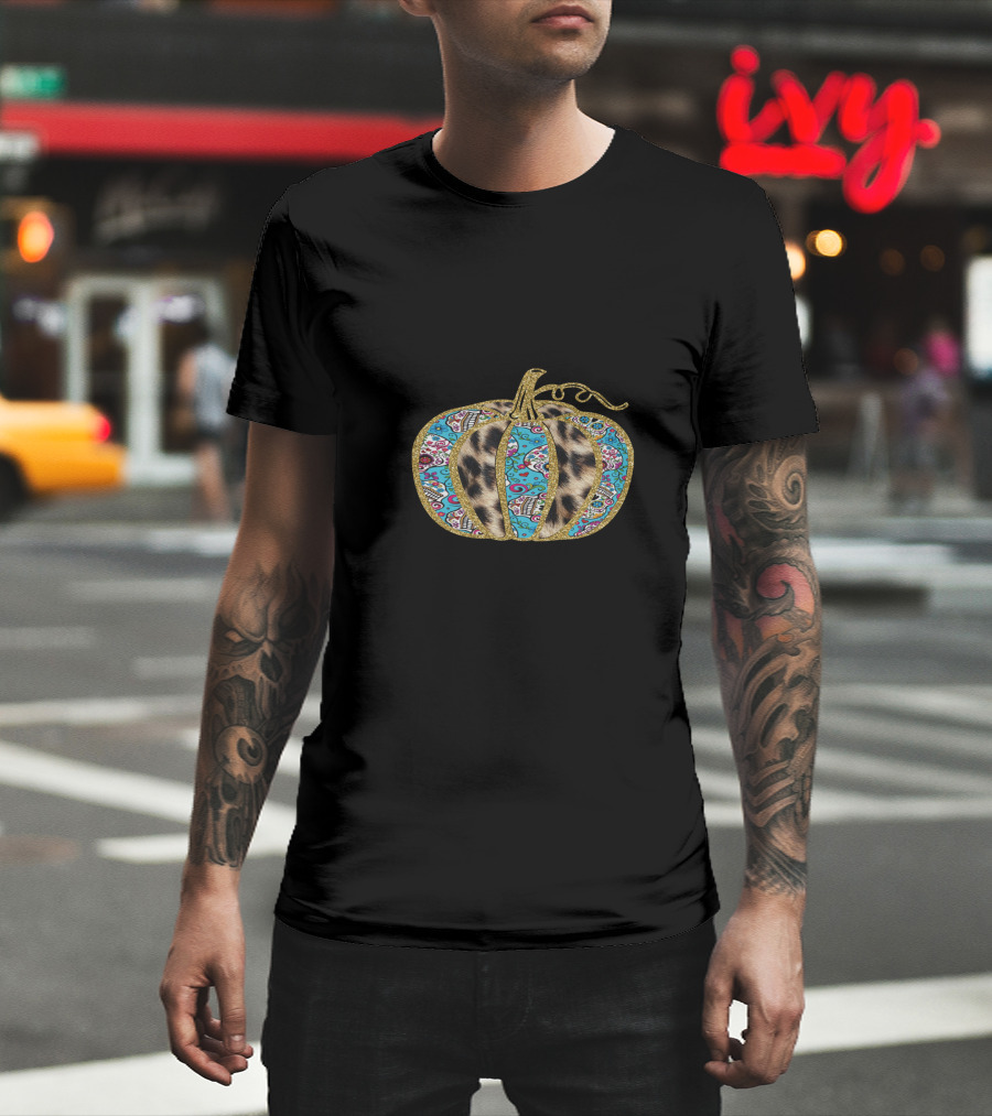 Leopard Turquoise Sugar Skull Pattern Pumpkin T-Shirt