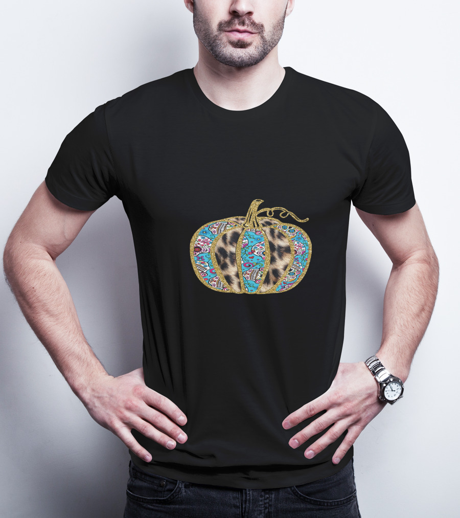 Leopard Turquoise Sugar Skull Pattern Pumpkin T-Shirt