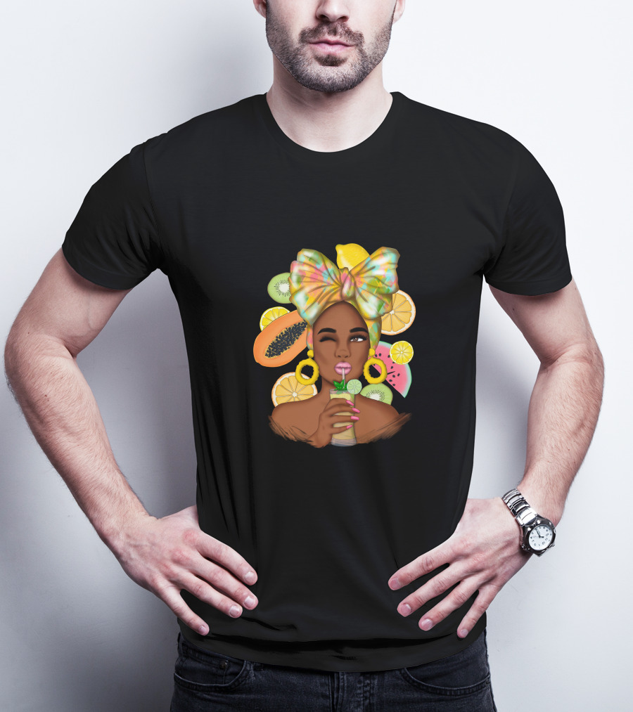 Fruit Design Afro Woman With Colorful Headwrap And Tropical Fruits T-Shirt