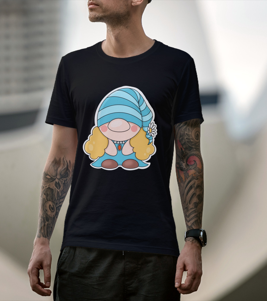 Gnome Sticker Blue Hat Daisy Blonde Hair Cute Comic T-Shirt