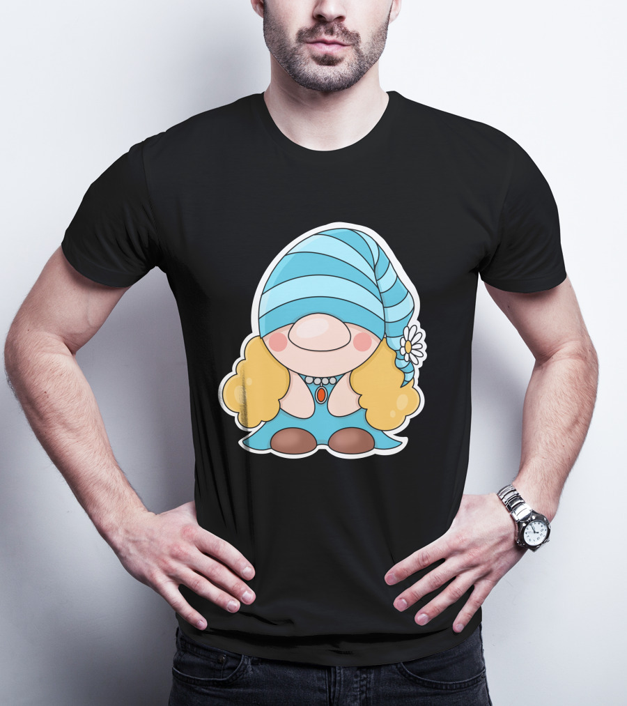 Gnome Sticker Blue Hat Daisy Blonde Hair Cute Comic T-Shirt