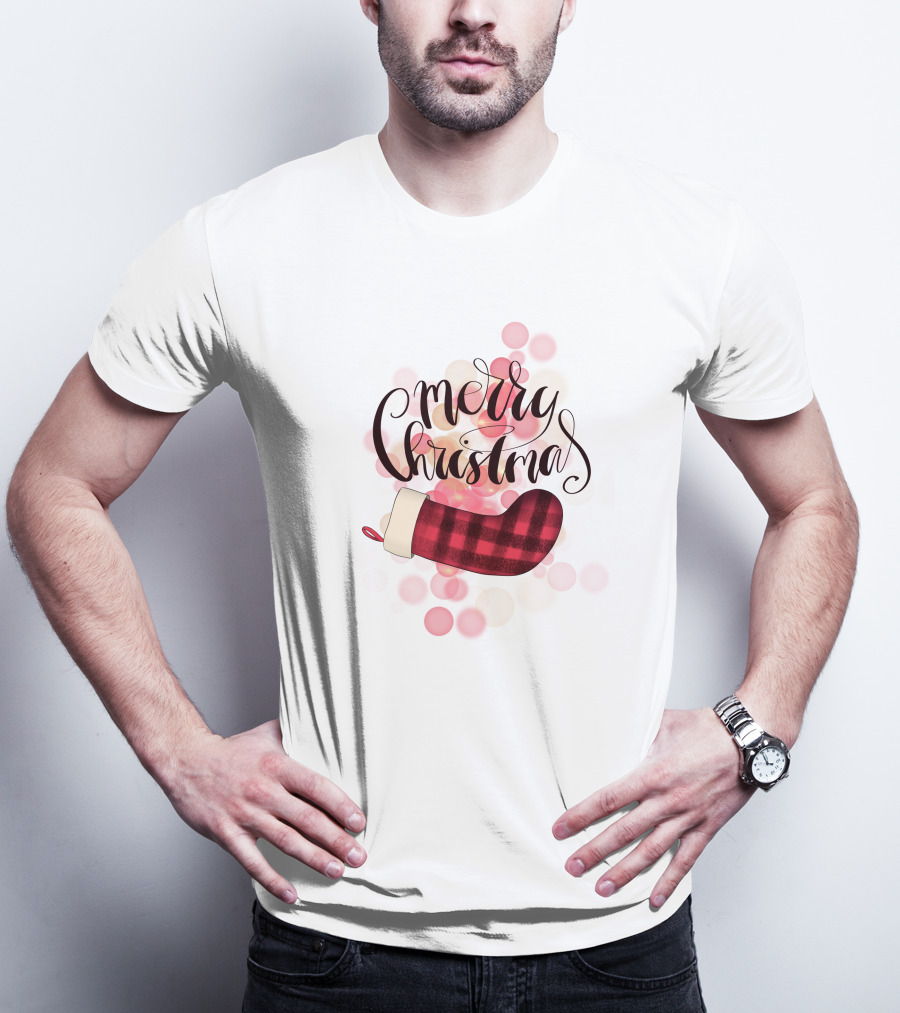 Merry Christmas Plaid Sock Pink Bubbles T-Shirt