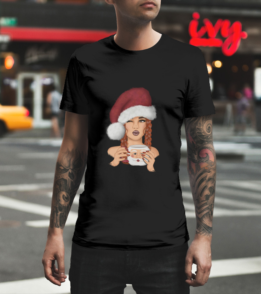 Christmas Red Hair Girl With Santa Hat And Santa Mug T-Shirt