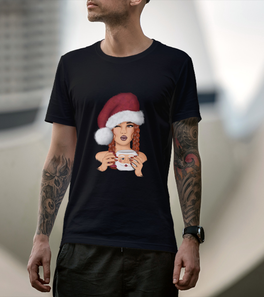 Christmas Red Hair Girl With Santa Hat And Santa Mug T-Shirt