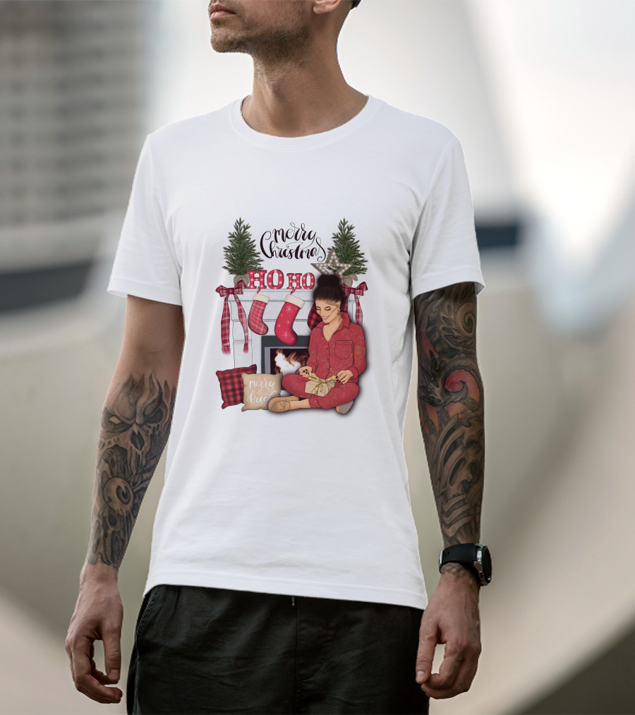 Merry Christmas Ho Ho Ho Girl By Fireplace With Stockings And Christmas Tree Decor T-Shirt