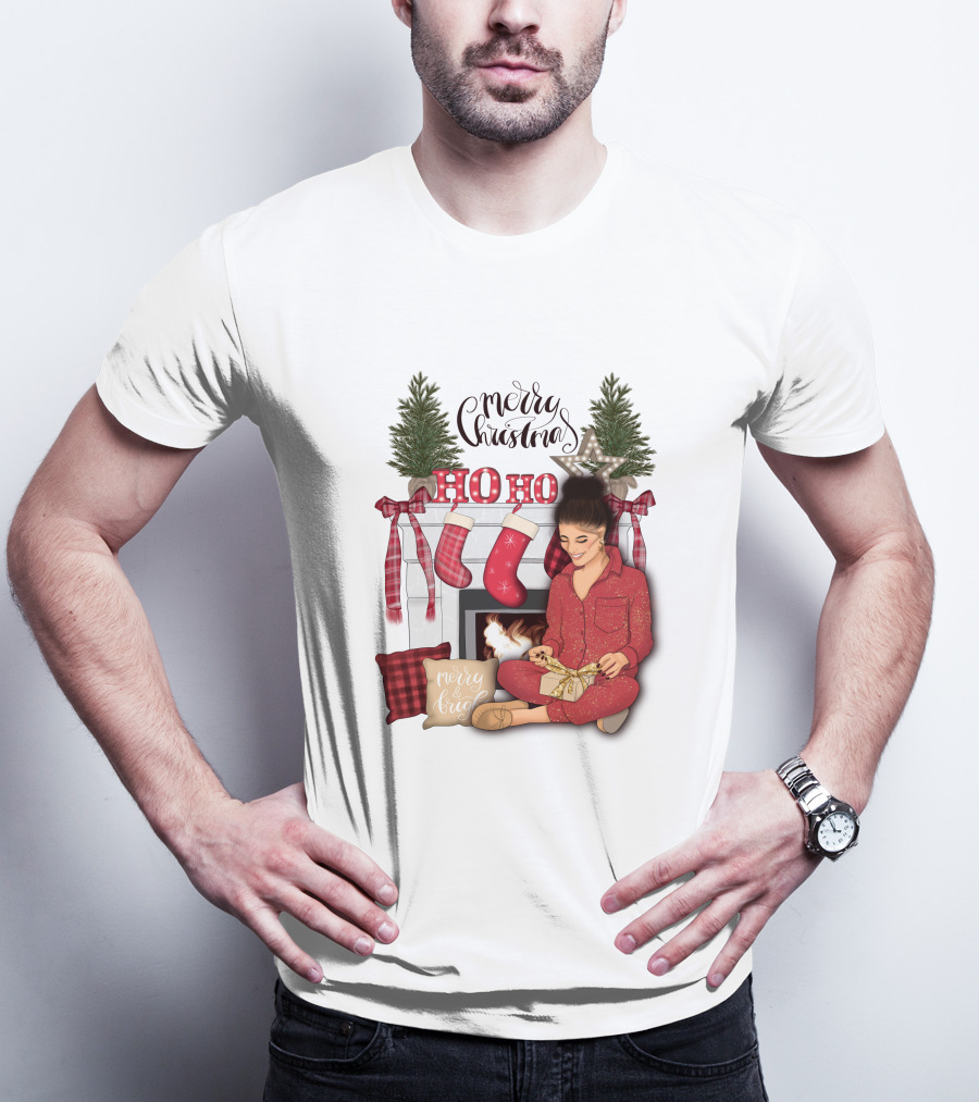 Merry Christmas Ho Ho Ho Girl By Fireplace With Stockings And Christmas Tree Decor T-Shirt