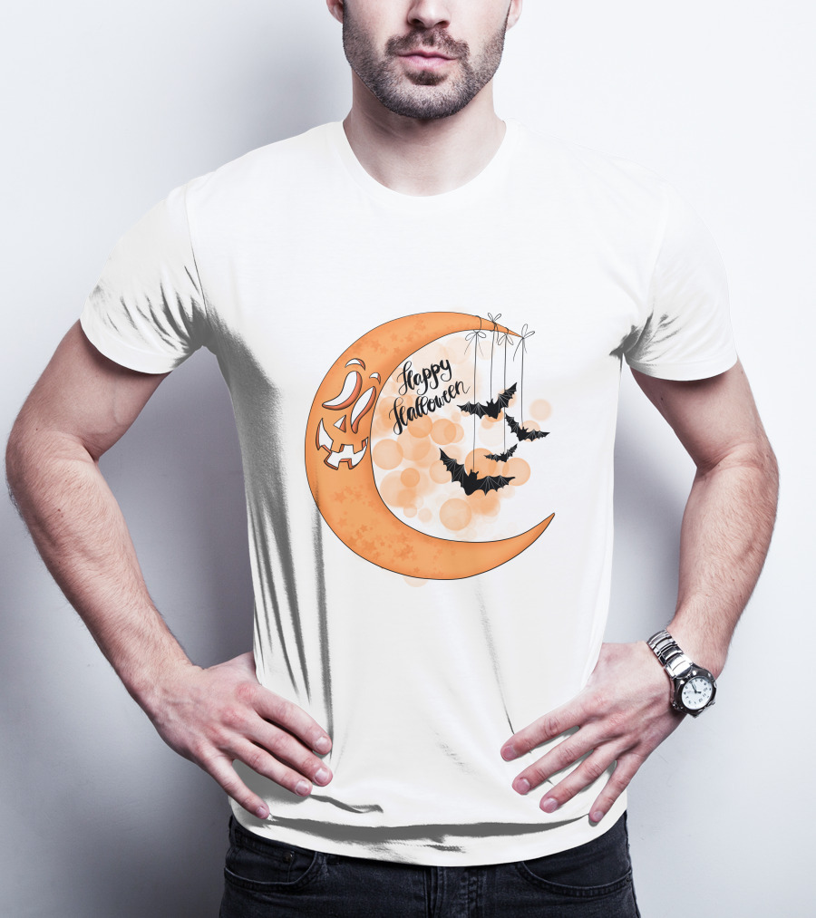 Happy Halloween Moon With Bats And Jack-O'-Lantern Face T-Shirt