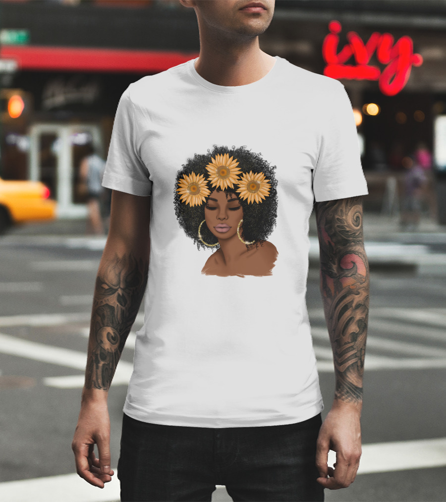 Afro Woman With Sunflowers And Hoop Earrings T-Shirt